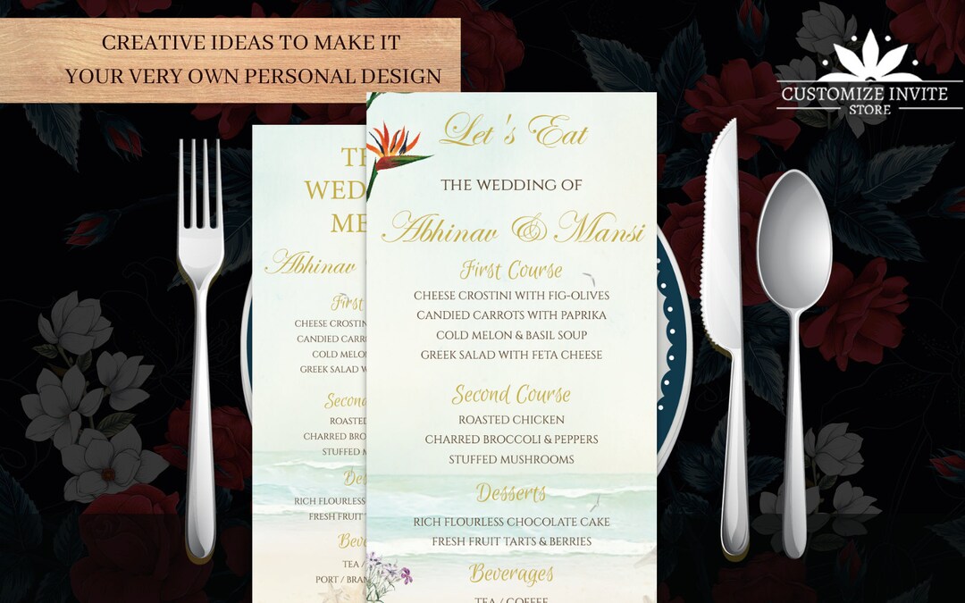 Wedding Menu Card With Beach Background Tropical Theme, Green Rose ...