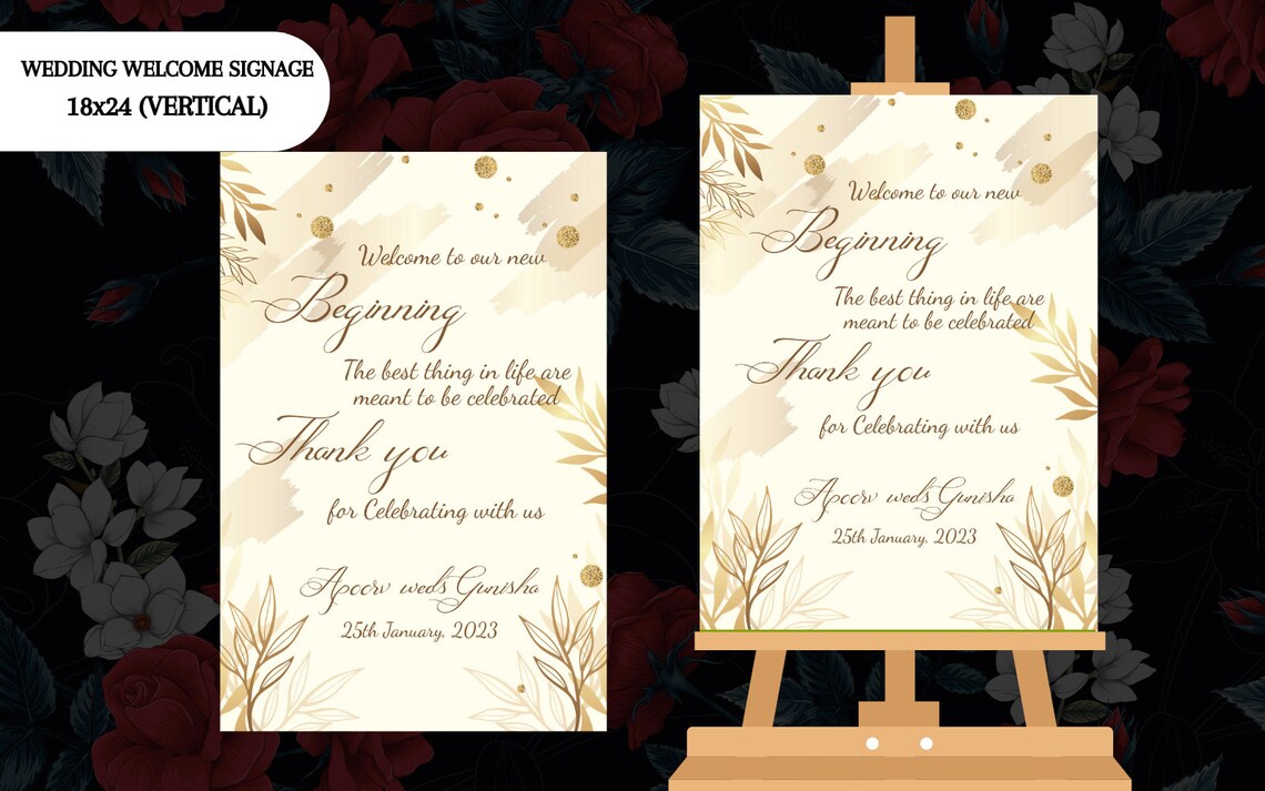 Golden Leaves Editable Welcome Sign, Welcome Sign Template, Beige ...