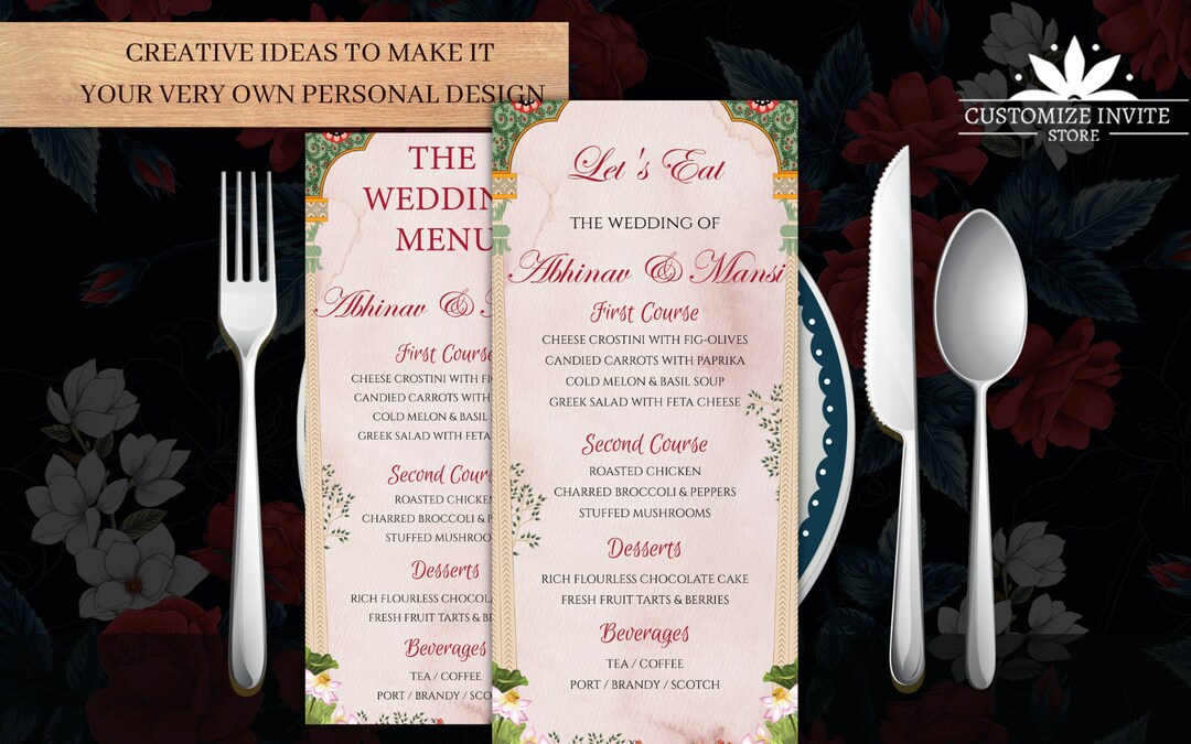 Wedding Menu Card With Beautiful Mehrab Theme, Garden Theme Wedding ...