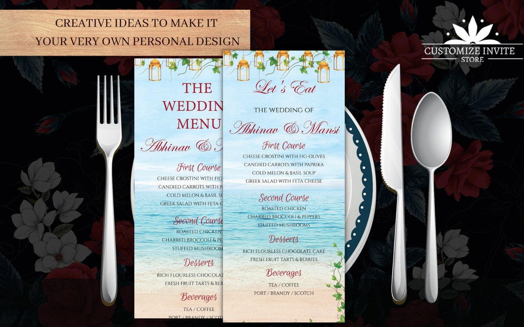 Wedding Menu Card With Beautiful Beach Theme, Garden Theme Wedding ...