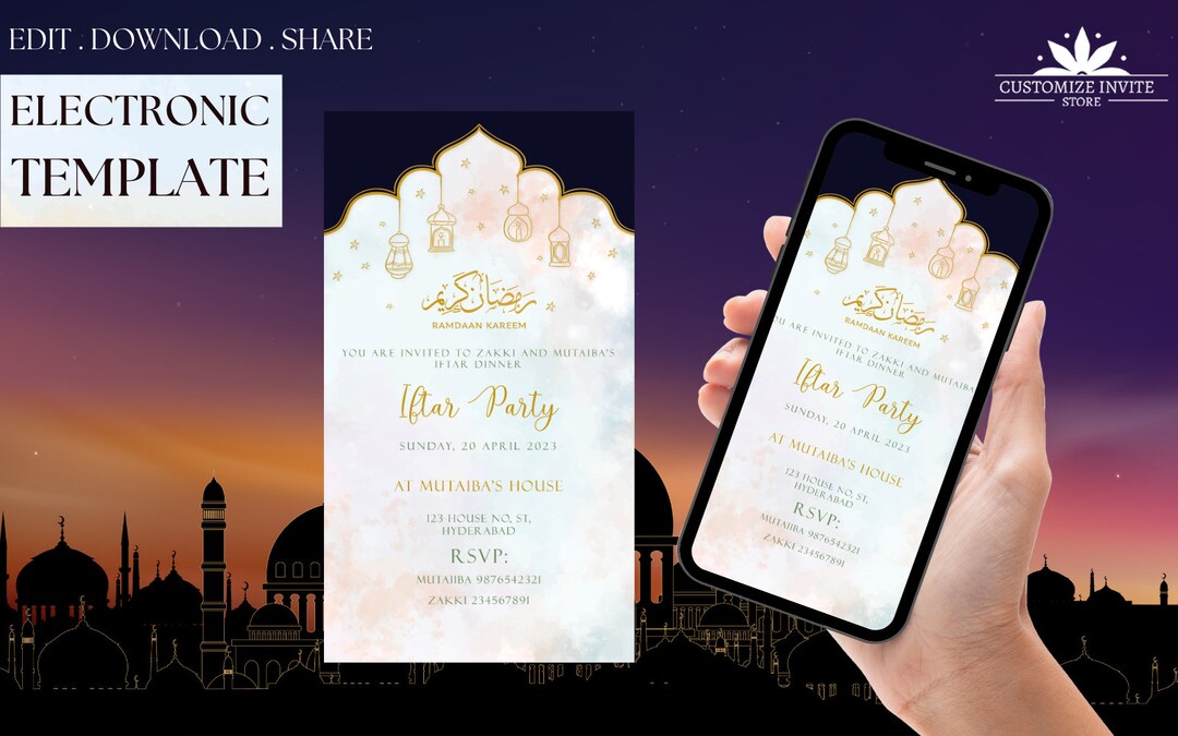 Ramdaan Lineart Background Easy Editable Iftar Party Invitation ...