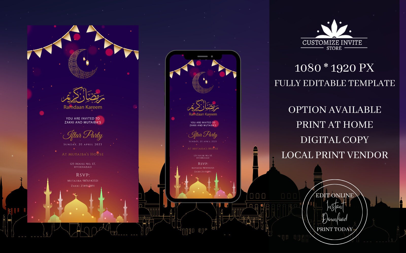 Ramdaan Islamic Mehrab Background Easy Editable Iftar Party Invitation ...