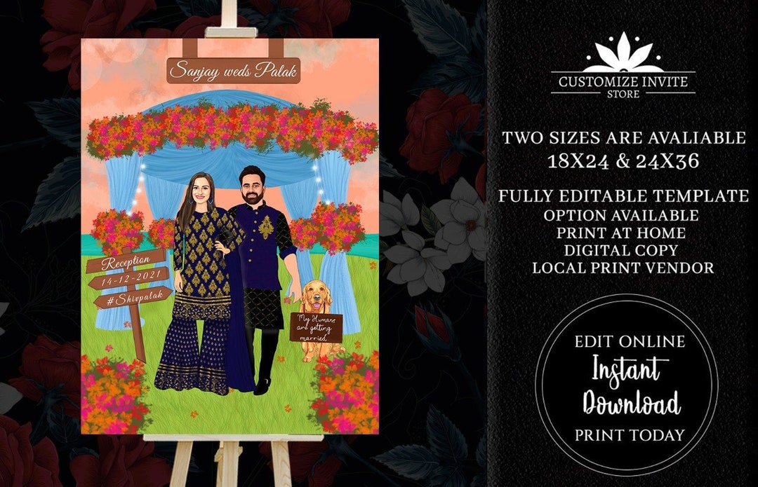 Custom Portrait Reception Welcome Signs, Indian Couple Wedding Welcome ...