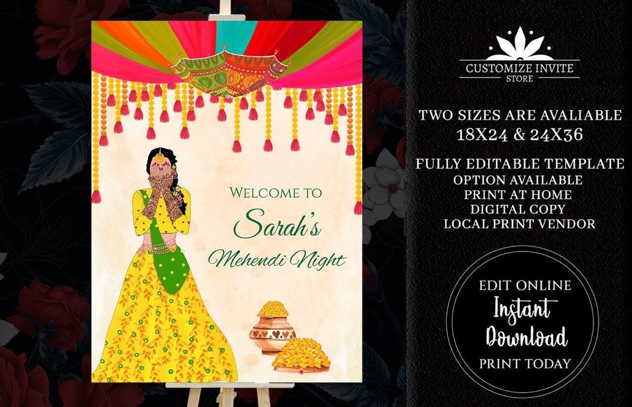 Henna Welcome Sign Mehndi Night Welcome Signage With Umbrella Decor