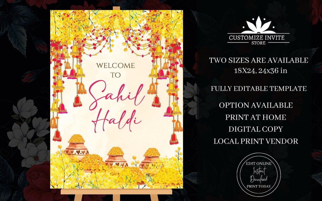Indian Haldi Ceremony Welcome Signs, Fully Editable Indian Couple ...