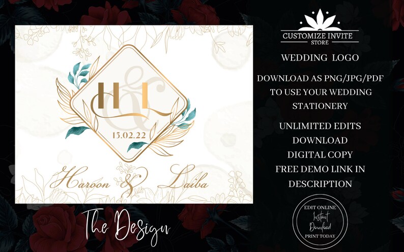 Green Wedding Logo for Wedding Invitation Monogram Crest, Green Leaves ...