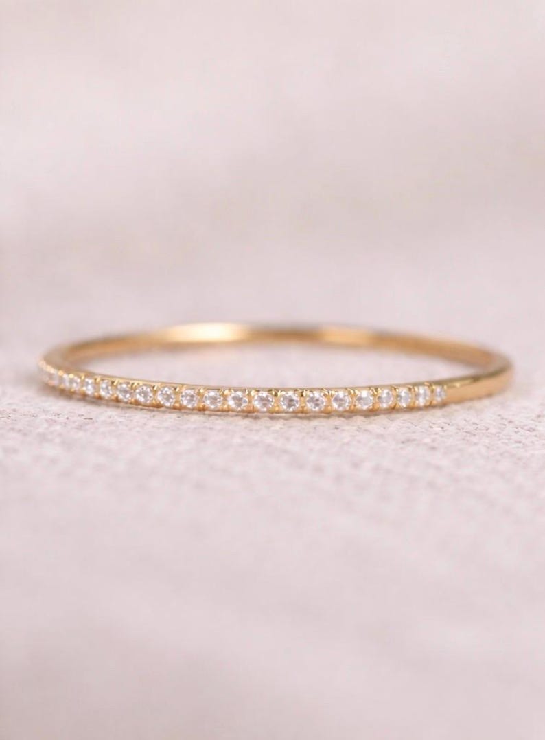 Dainty Natural Diamond Stackable Ring, Thin Solid Gold Band, Half ...