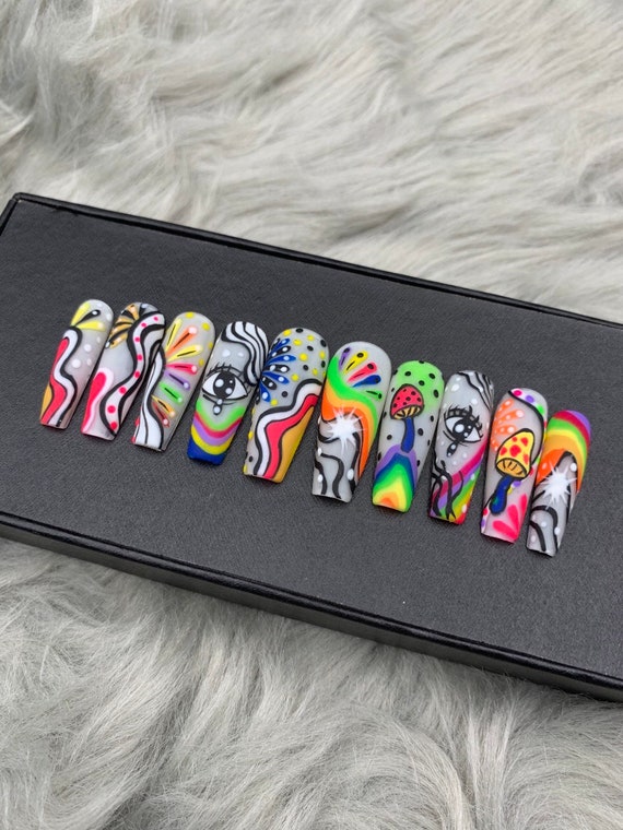 Psychedelic Press on Nails / Hand Painted / Coffin Nails - Etsy