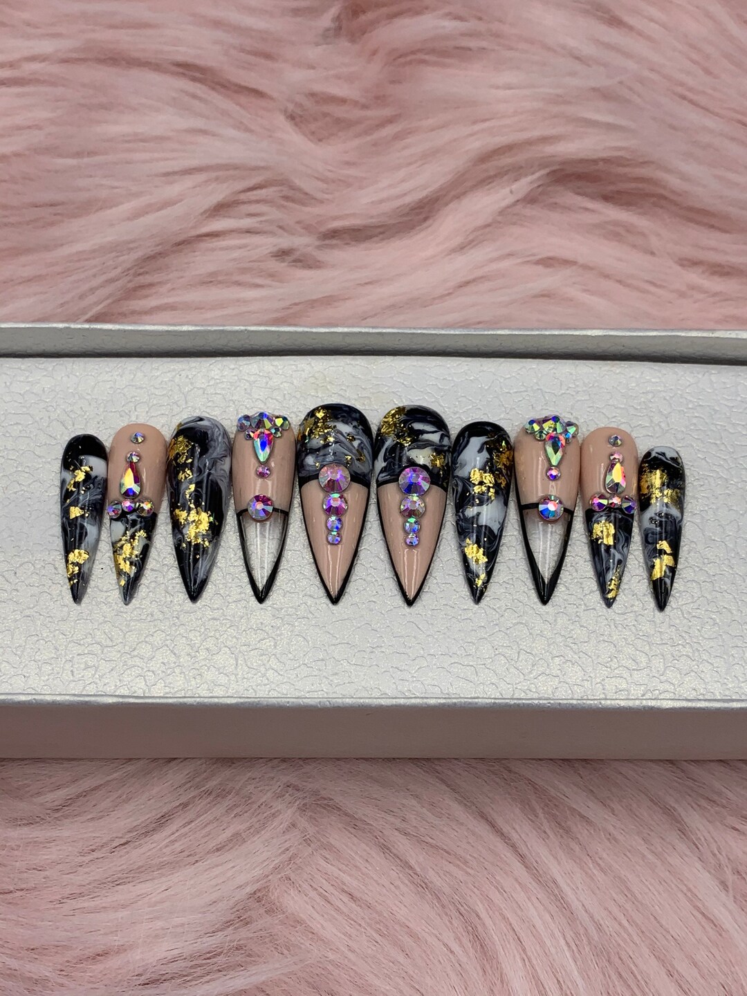 Black Silver Royal Luxury Press on Nails - B140 - Etsy