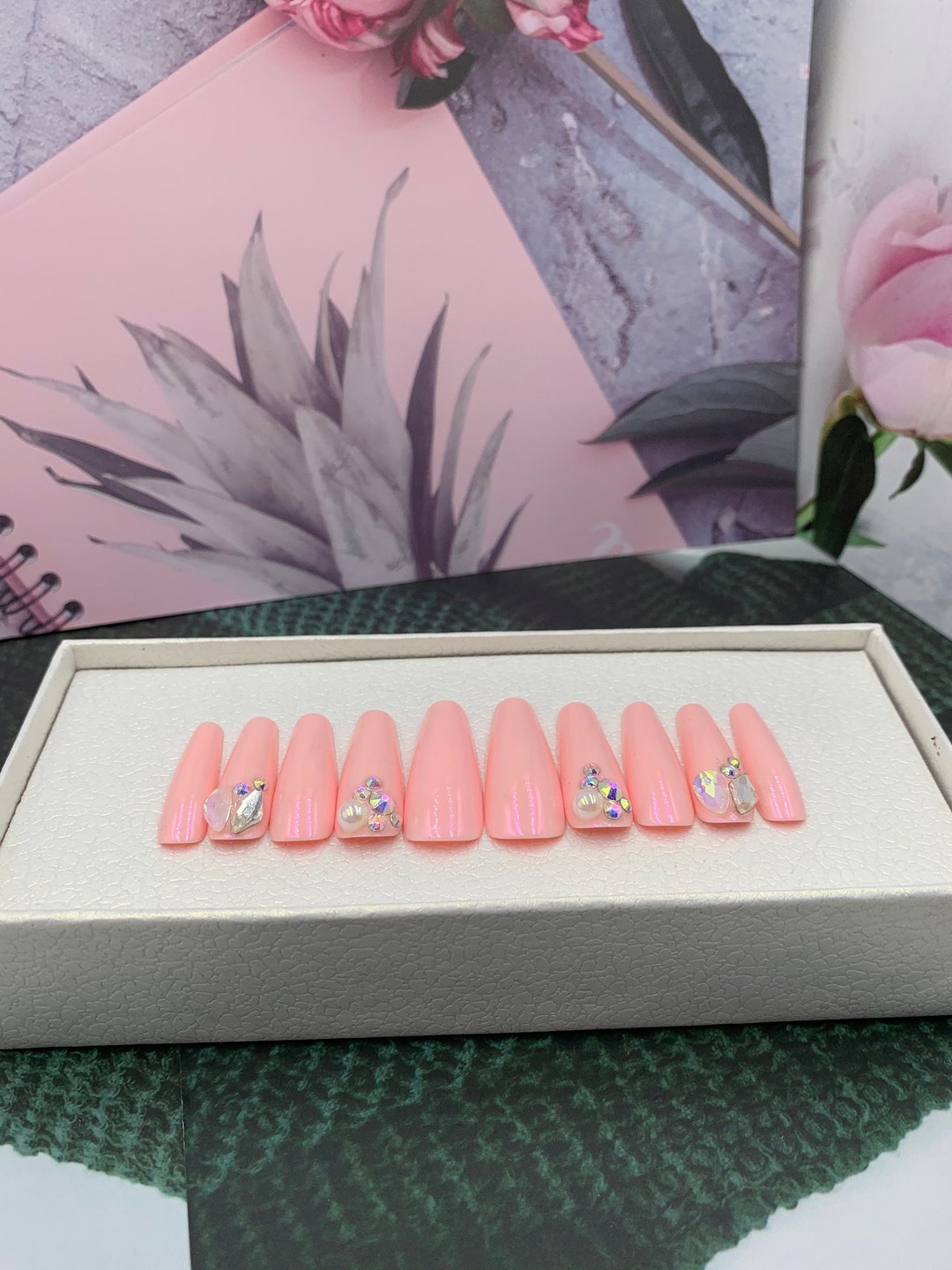 Pink Pastel Fake Nails Glossy Set / Pink Press on Nails Coffin - B37 - Etsy