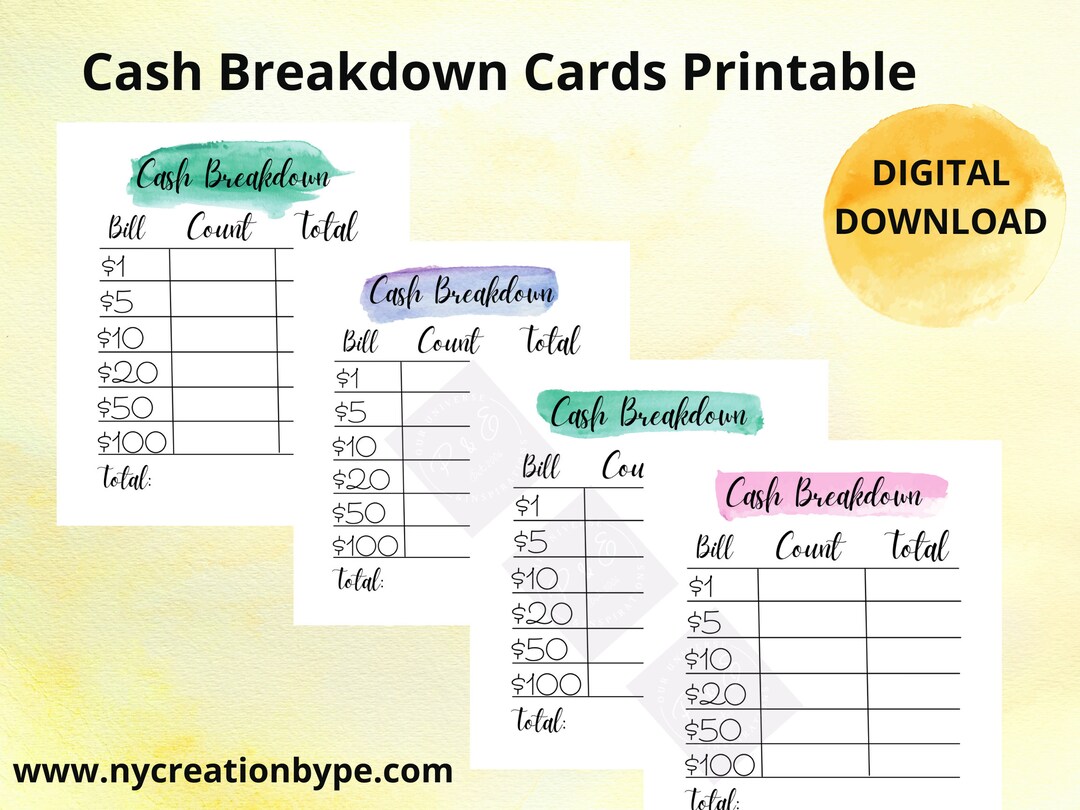 Printable Cash Breakdown Printable Teller Slips Cash Breakdown Card ...
