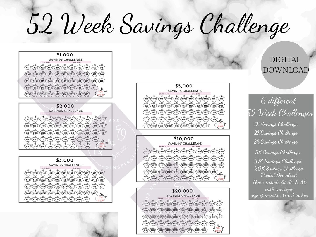 52 Week Savings Challenge Envelope Cash Envelope Inserts Savings ...