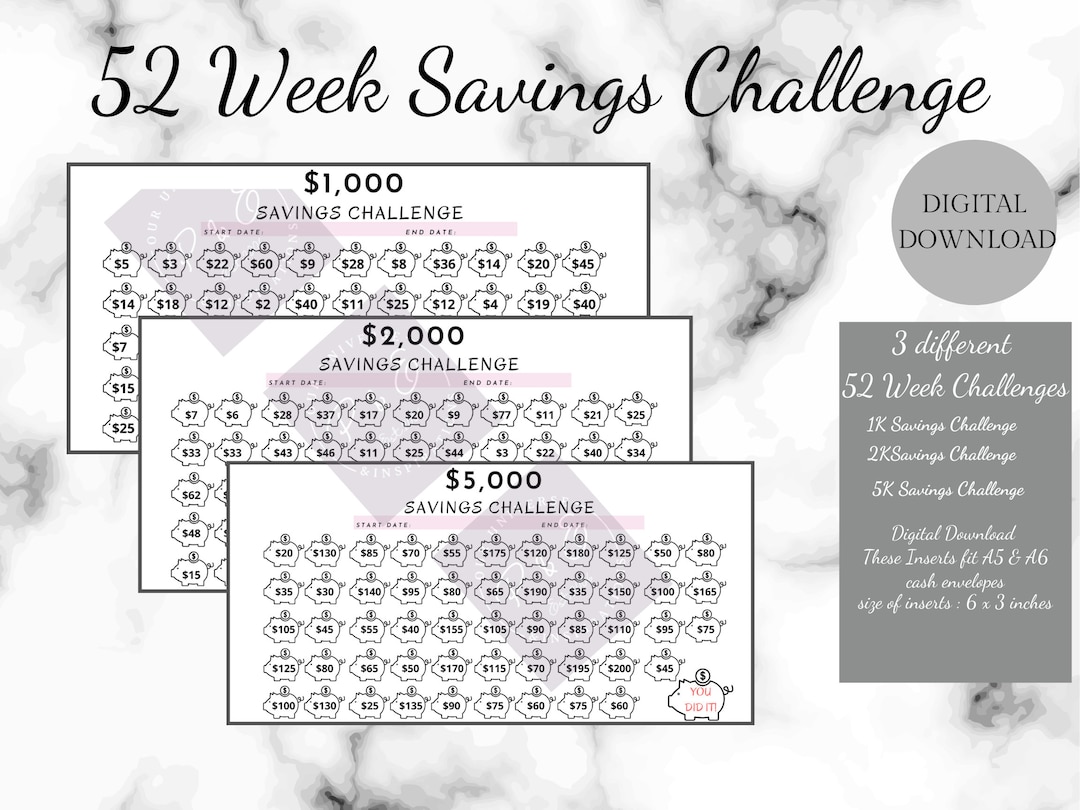 52 Week Savings Challenge Envelope Cash Envelope Inserts Savings ...