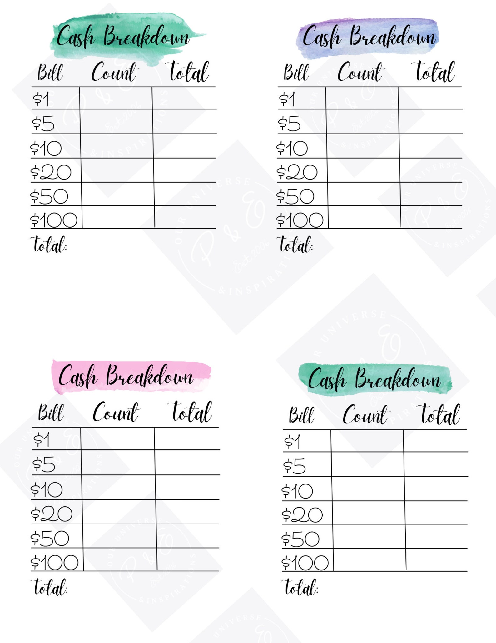 Printable Cash Breakdown Printable Teller Slips Cash Breakdown - Etsy