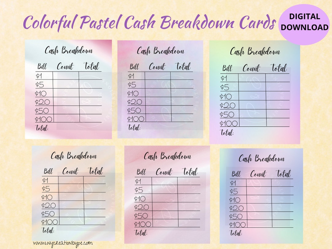 Cash Breakdown Card Printable Teller Sheet Printable Tell Slips, Cash ...