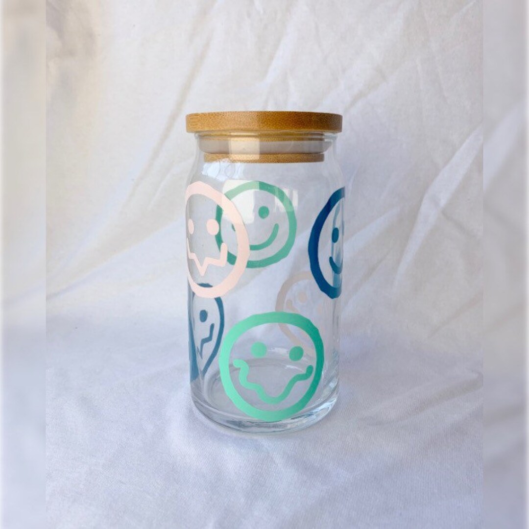 Happy Smiley Face, Cute Colorful Glass Can With Bamboo Lid - Etsy