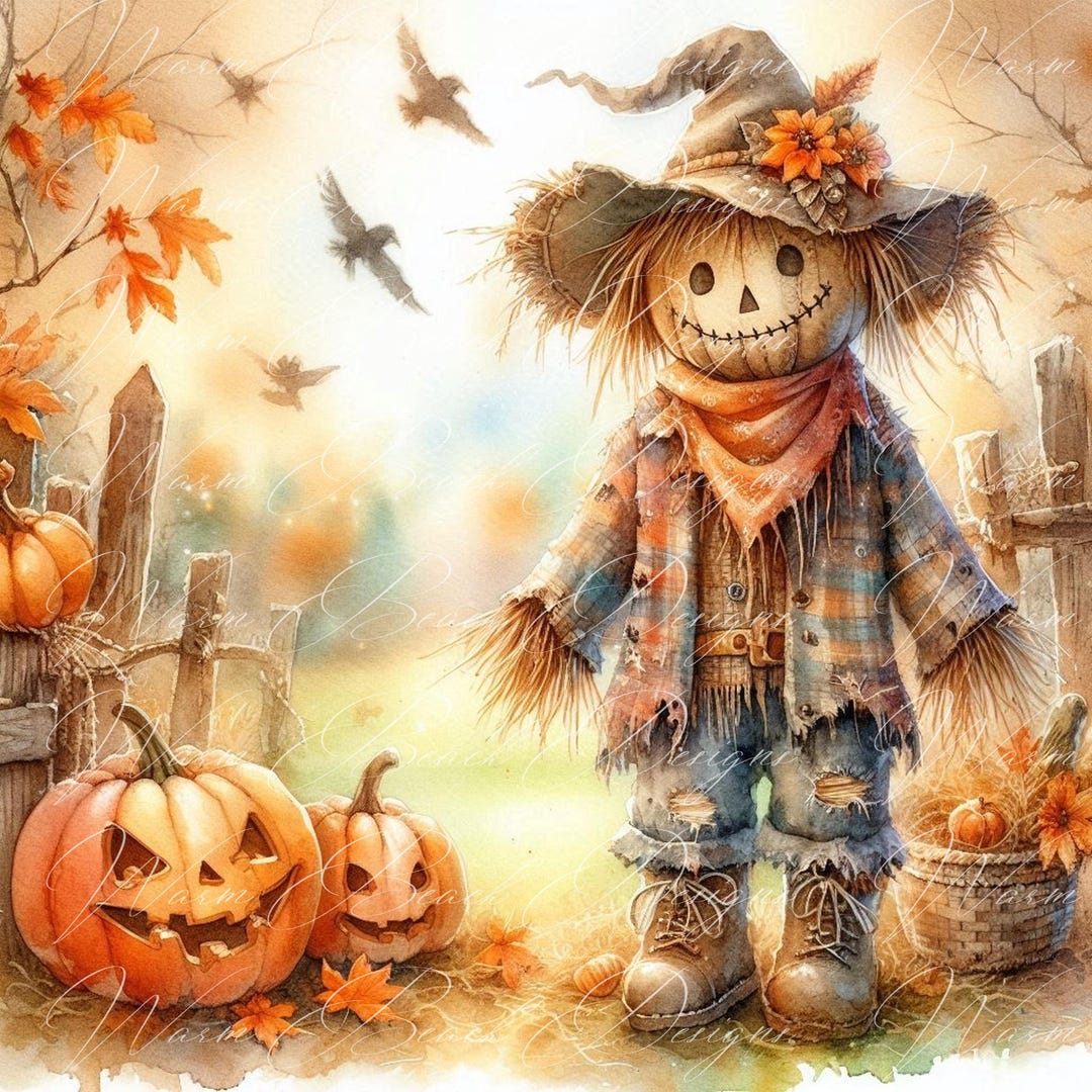 Watercolor Scarecrow Clip Art: Autumn Harvest PNG, JPG (digital ...