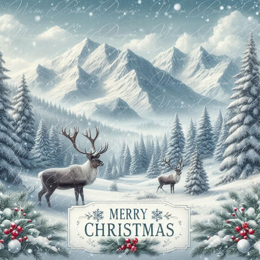Vintage Christmas Barn Clipart: Winter Reindeer Scene (PNG JPEG Digital ...