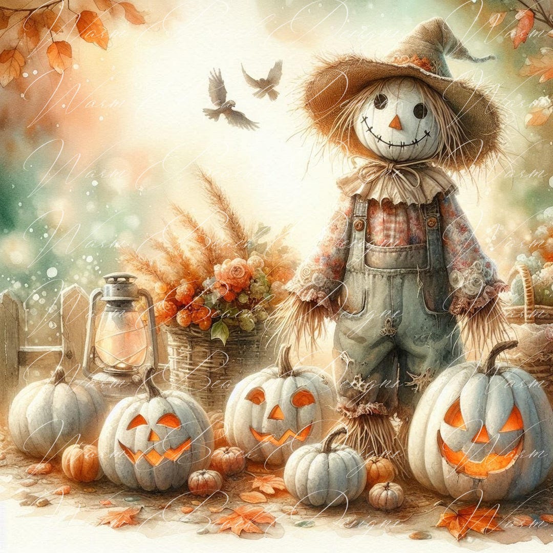 Watercolor Scarecrow Clip Art: Autumn Harvest PNG, JPG (digital ...