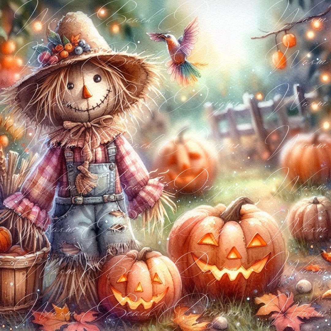 Watercolor Scarecrow Clip Art: Fall Harvest PNG, JPG (digital Download ...