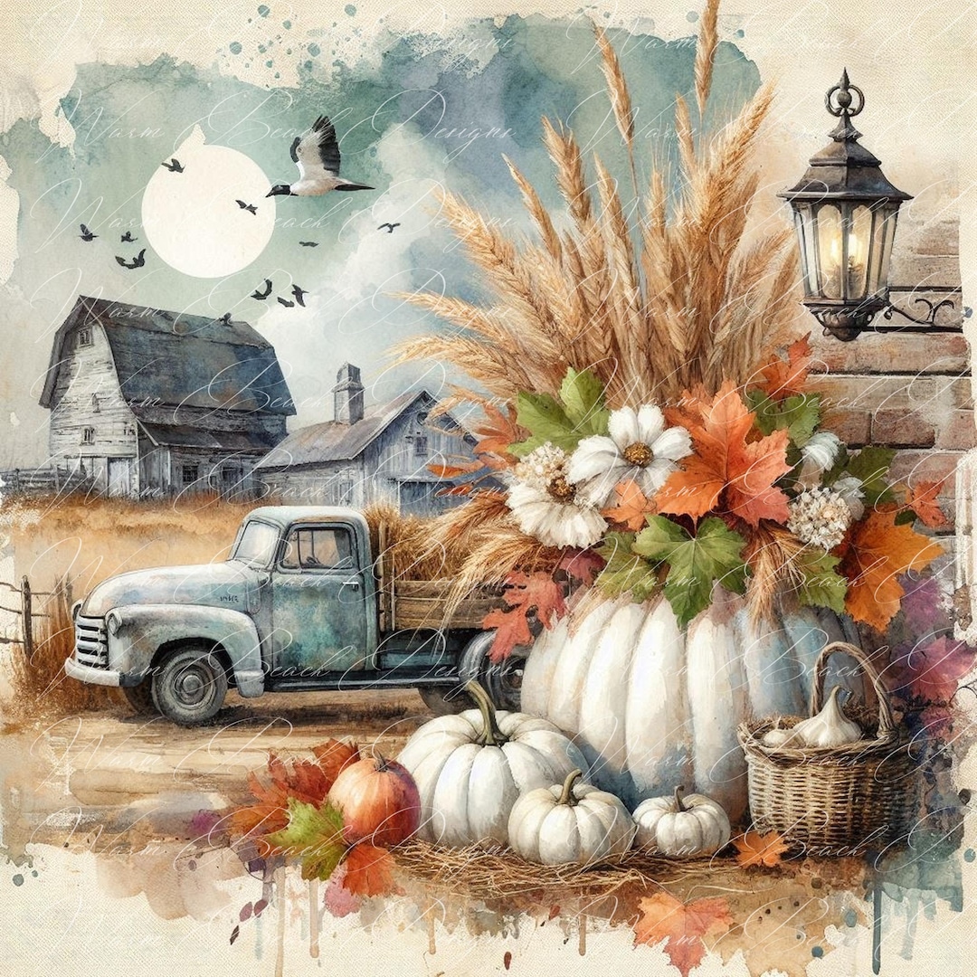 Rustic Fall Barn Clipart: Vintage Truck, Pumpkins (PNG JPEG Digital ...