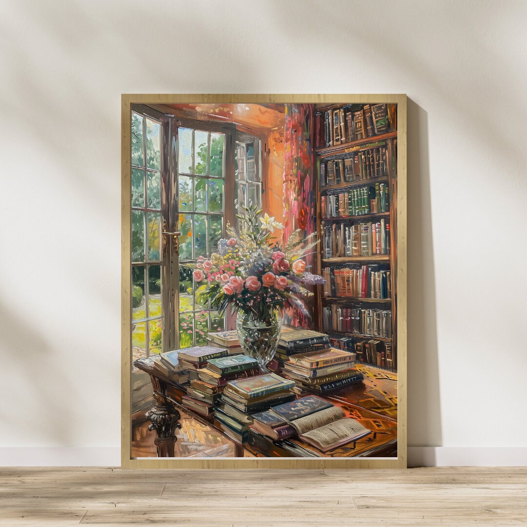 Antique Library, Country Garden, Moody Library Painting, Wall Decor ...
