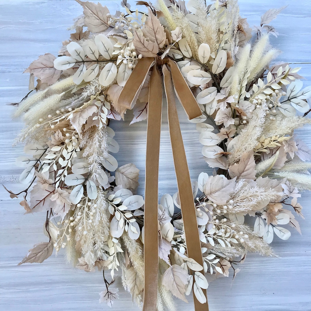 Neutral Boho Style Front Door Wreath, Fall Cream Beige Foliage Wreath ...