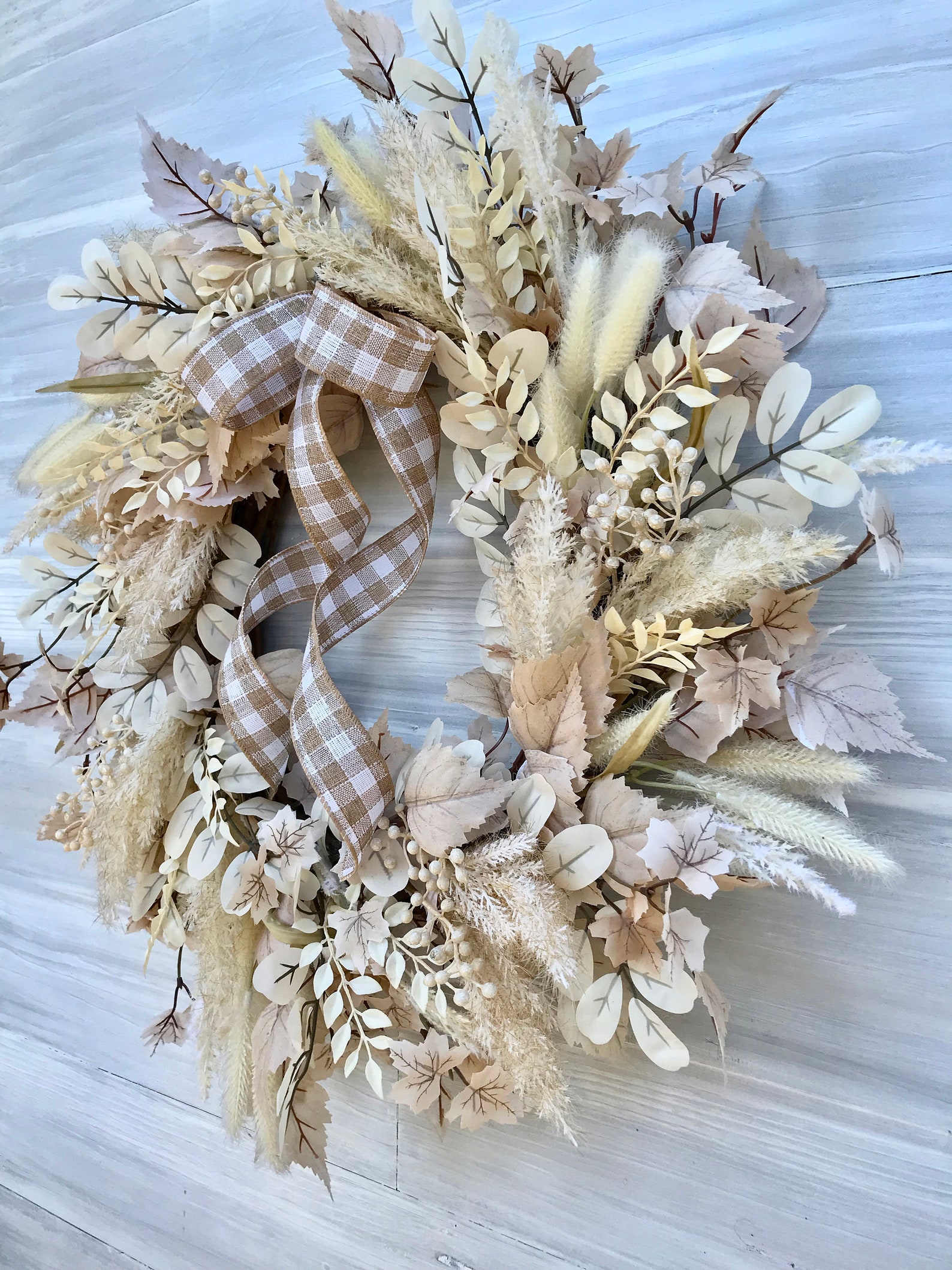 Neutral Boho Style Front Door Wreath, Fall Cream Beige Foliage Wreath ...