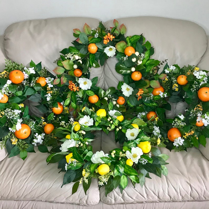 Summer Lemon Wreath for Front Door, Citrus Wreath With White Flower and ...