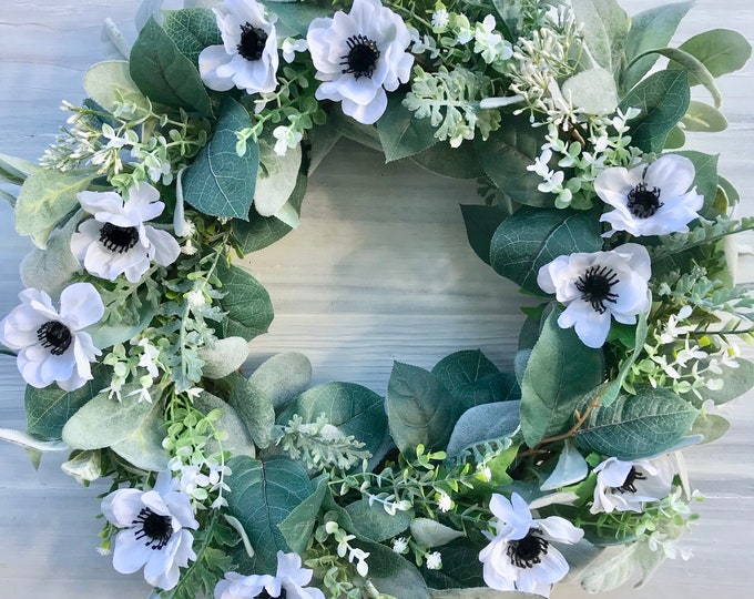 White Anemone Lambs Ear Wreath, Year-round Greenery Wreath, Neutral ...