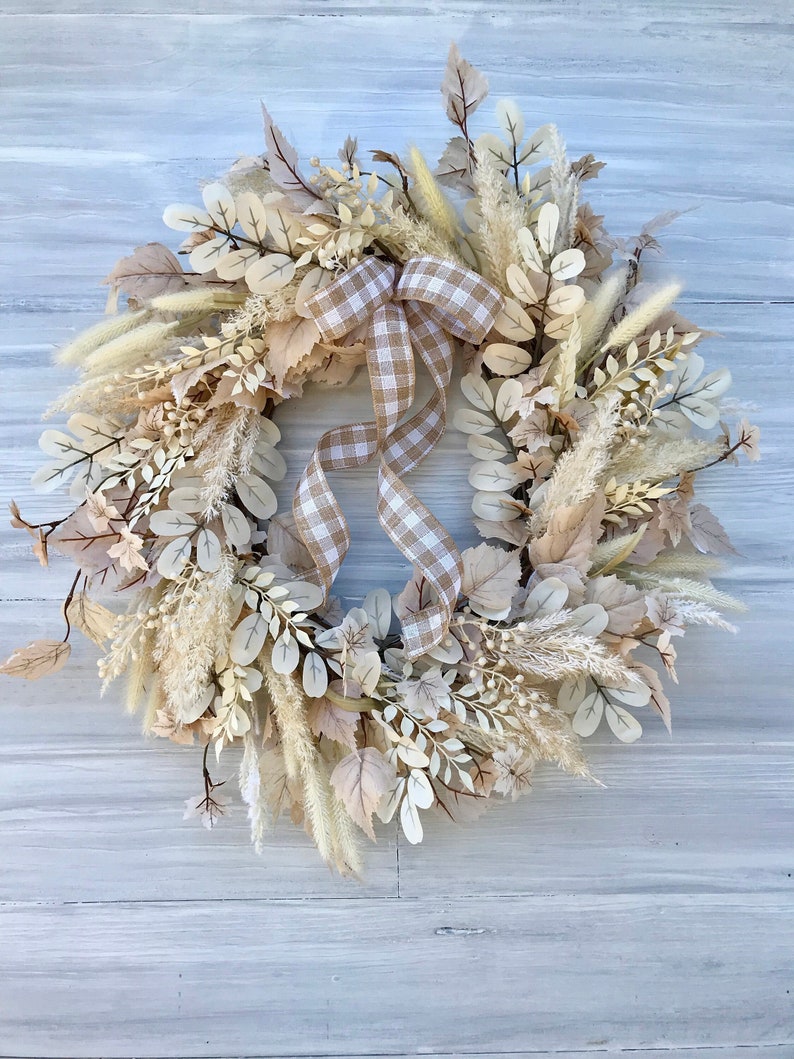 Neutral Boho Style Front Door Wreath, Fall Cream Beige Foliage Wreath ...