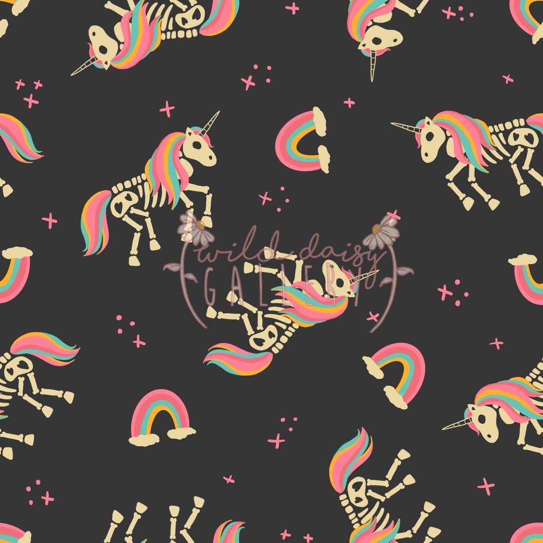 Skeleton Unicorns Halloween Black Background Digital Download Digital Fabric Design Digital ...