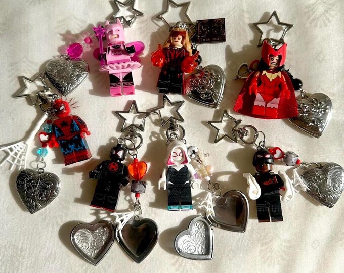 Superhero Mini Figure Heart Locket Matching Keychain Bag Clip on ...