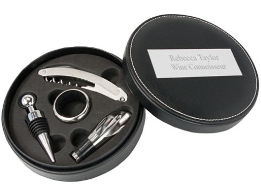 Personalized Wine Set - 4 Piece Wine Opener Set - Round Leather Wine ...