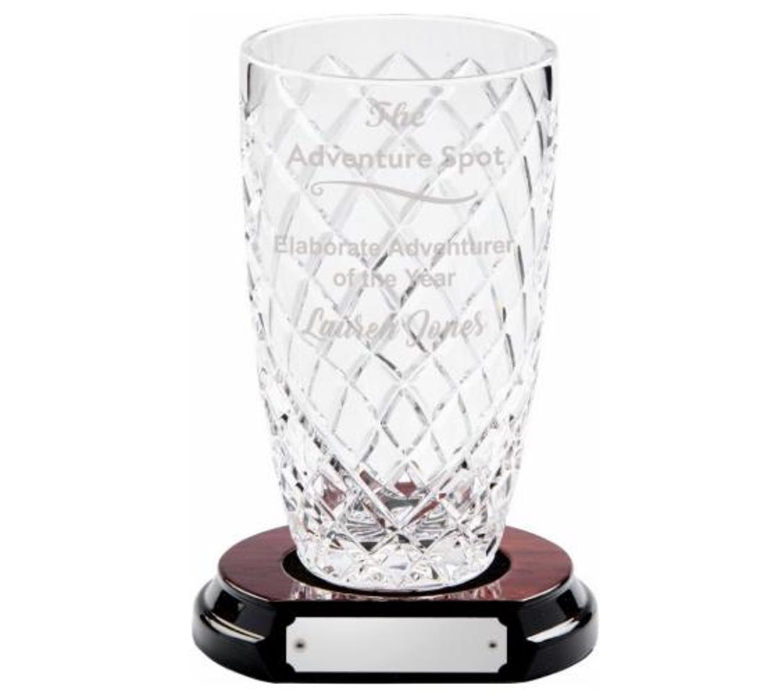 Personalised Crystal Vase Award on Wood Base – Engraved With Logo or ...