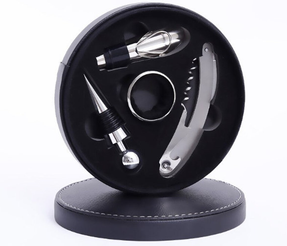 Personalized Wine Set - 4 Piece Wine Opener Set - Round Leather Wine ...