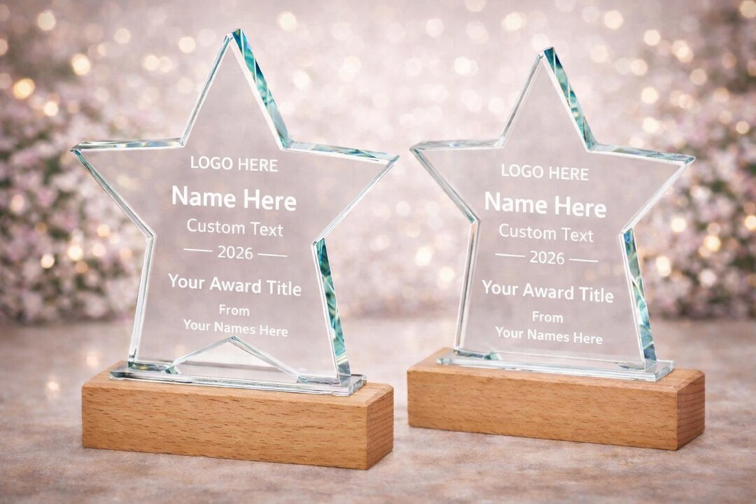 Personalised Star Glass Award With Wooden Base – Engraved Trophy - Etsy