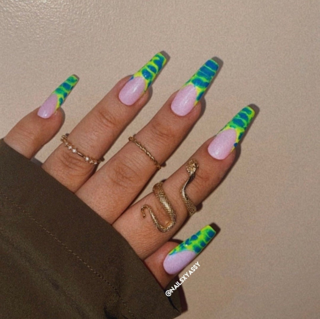 Green French Tip Nails. Croc Skin Nail. Snake Nail. Press on Nails ...