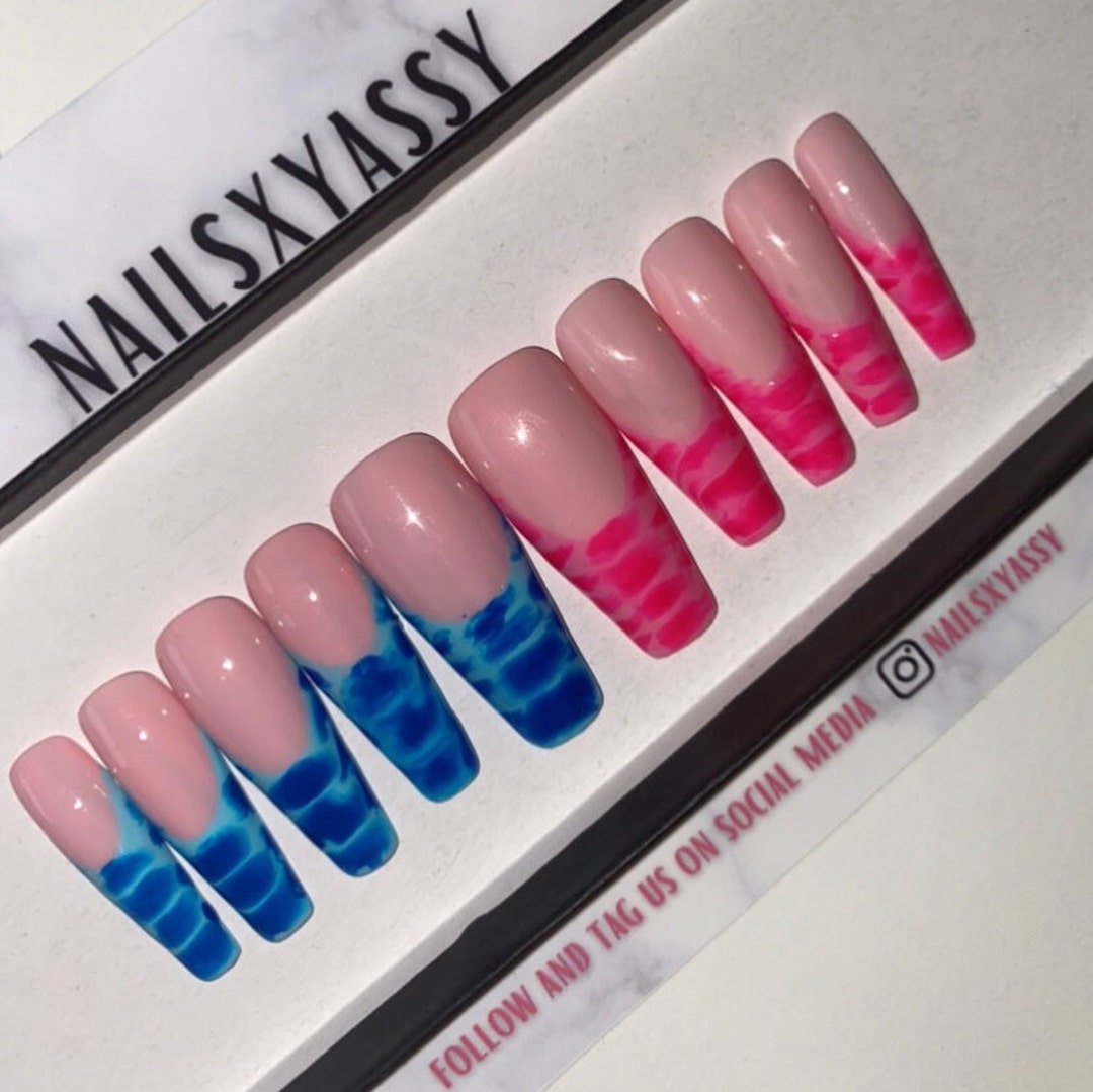 Blue and Pink French Tip Nails. Croc Skin Nail. Snake Nail. Press on ...