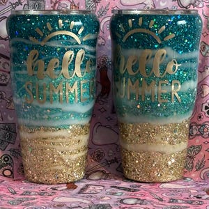 Handmade Beach Glitter Tumbler, Unique Summer Cup, Hello Summer Mug ...