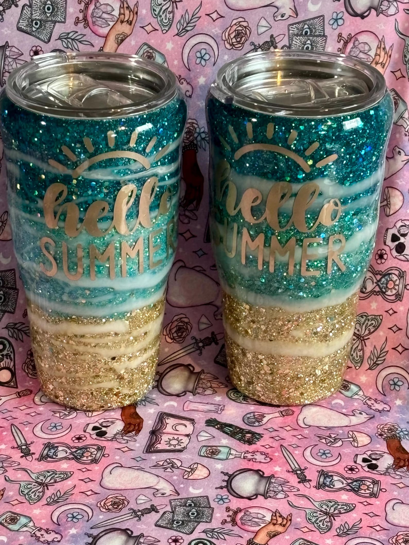Handmade Beach Glitter Tumbler, Unique Summer Cup, Hello Summer Mug ...