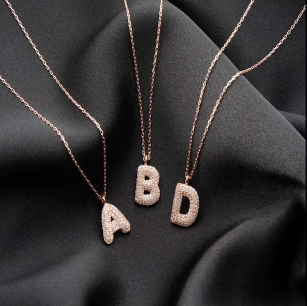 Pave Bubble Pendant Diamond Initial Necklace, Balloon Letter Chain ...