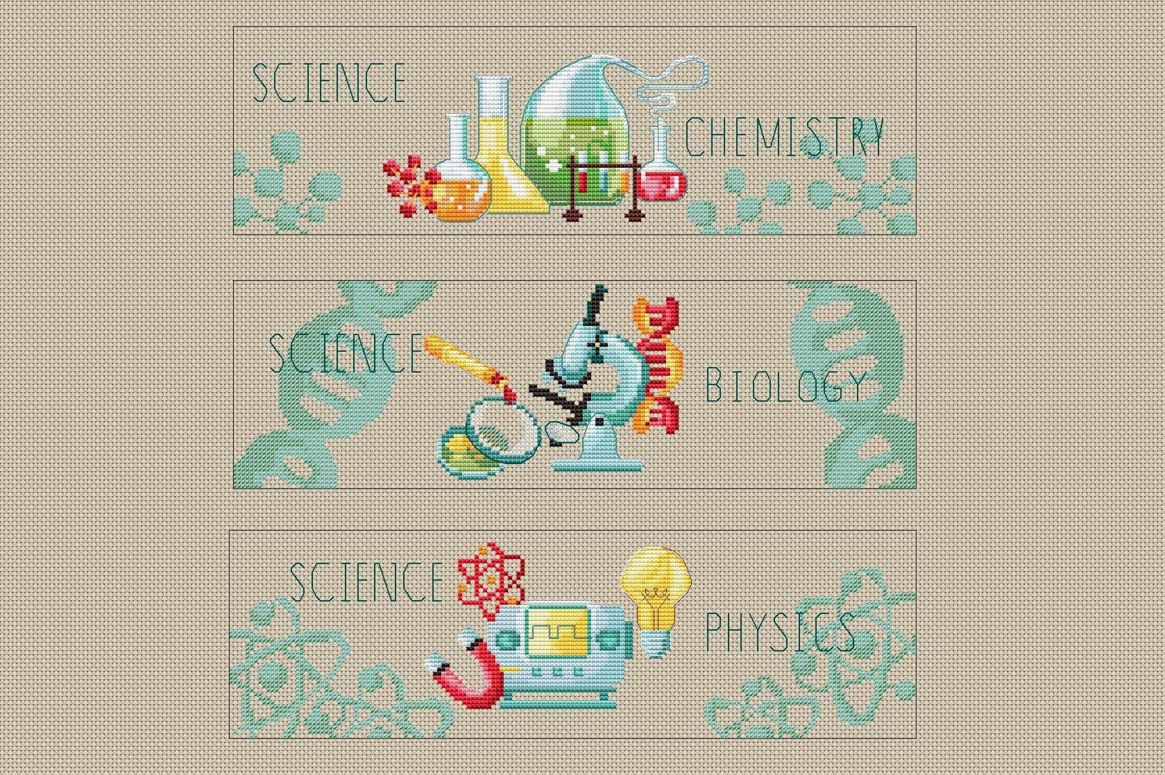 3 Bookmarks Science PDF Pattern Cross Stitch Physics Chemistry Biology ...