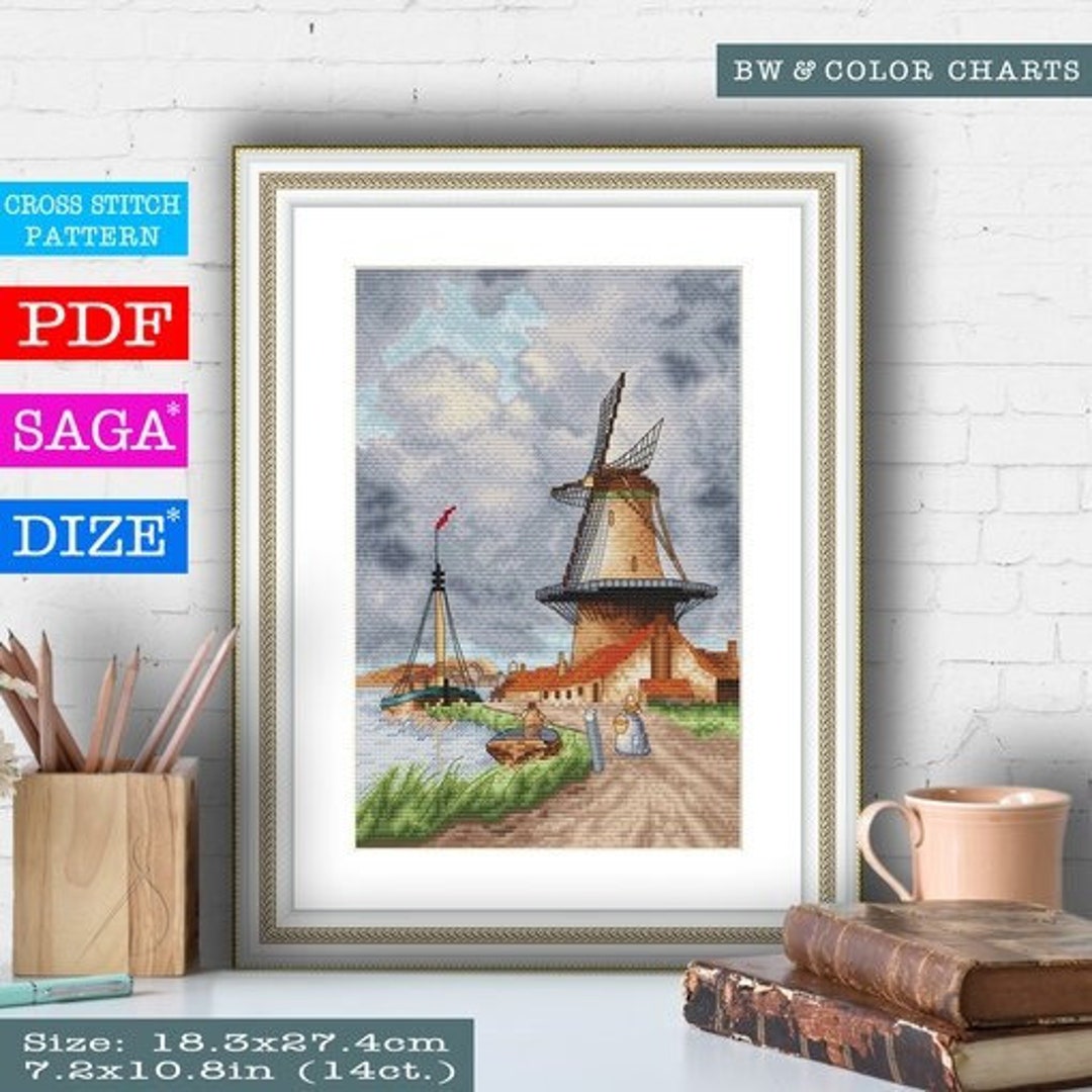 Windmill Pattern PDF Cross Stitch Landscape Embroidery Lkacross Instant ...