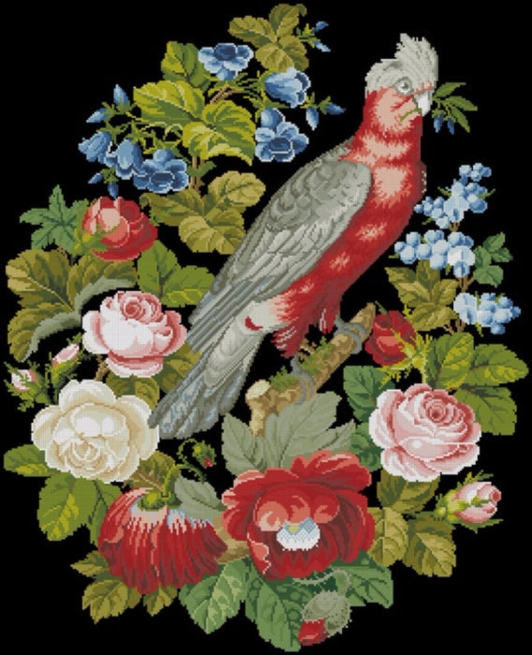 Parrot Rose PDF Antique Pattern Cross Stitch Embroidery Bird Flower ...