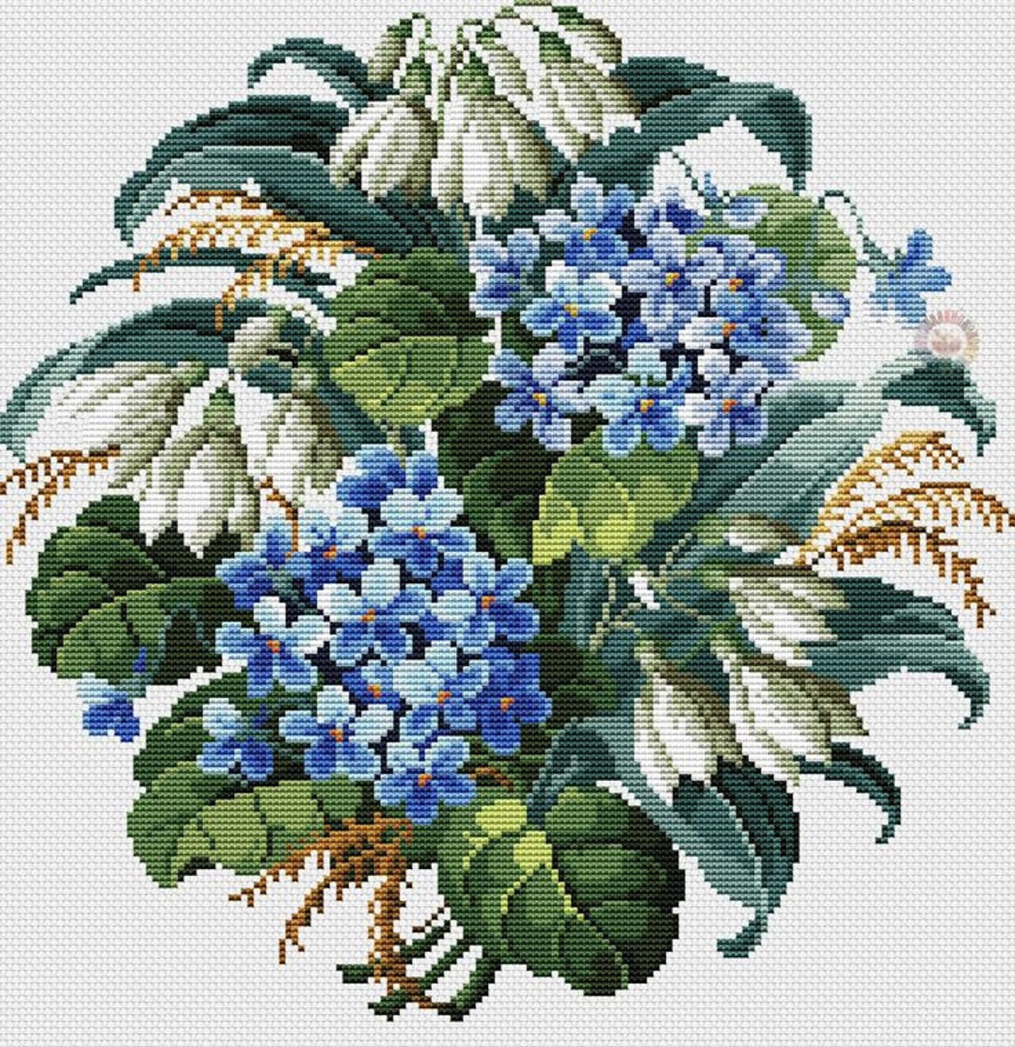 Hydrangea Snowdrops Cross Stitch Pattern: Antique Floral Embroidery ...