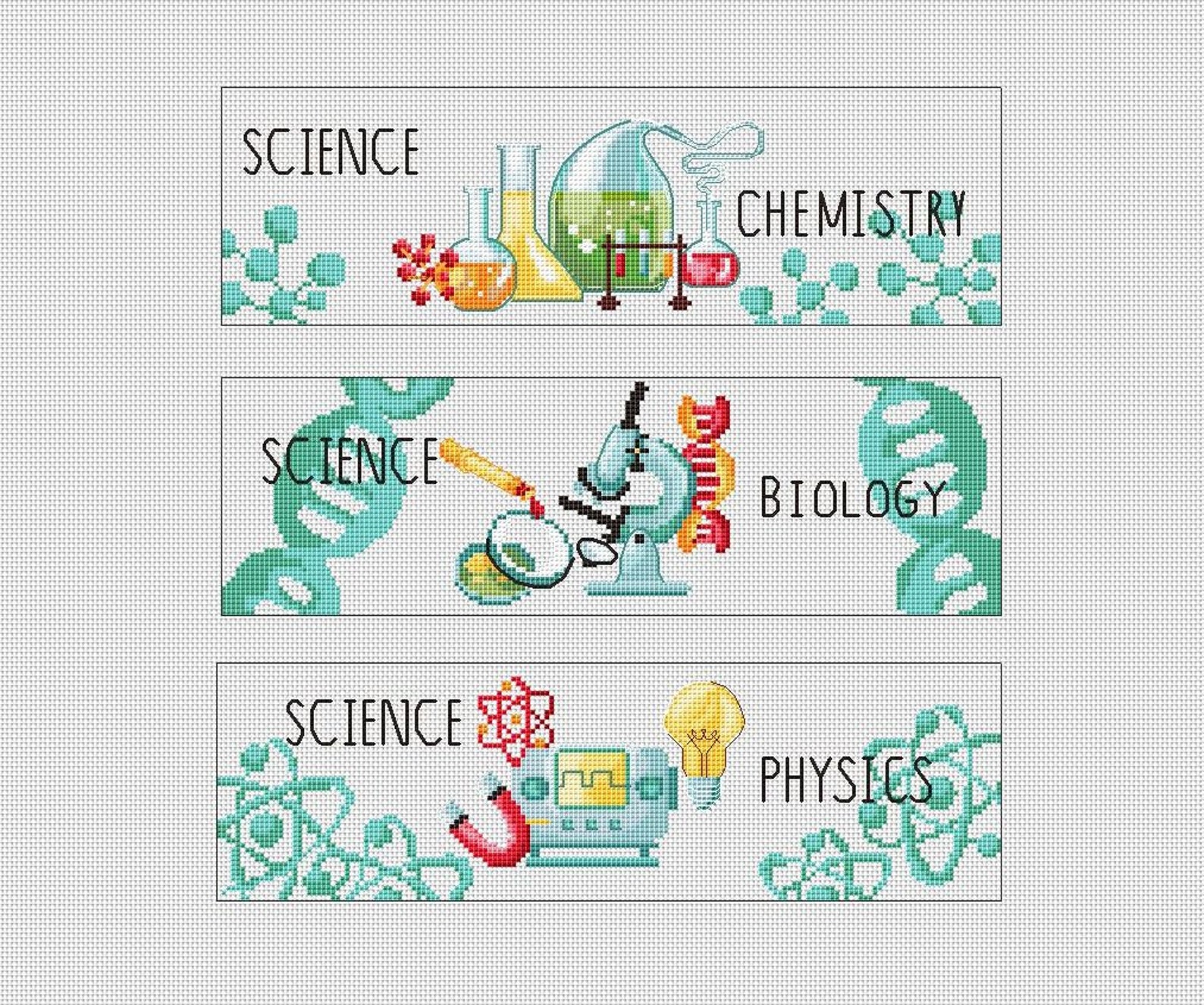 3 Bookmarks Science PDF Pattern Cross Stitch Physics Chemistry Biology ...