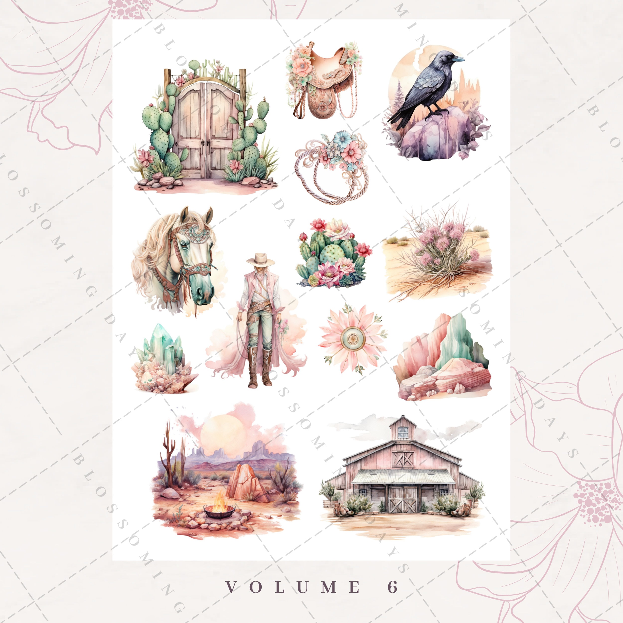 Watercolor Cowboy Cowgirl Theme, Horse, Barn, Cactus, Wild Wild West ...