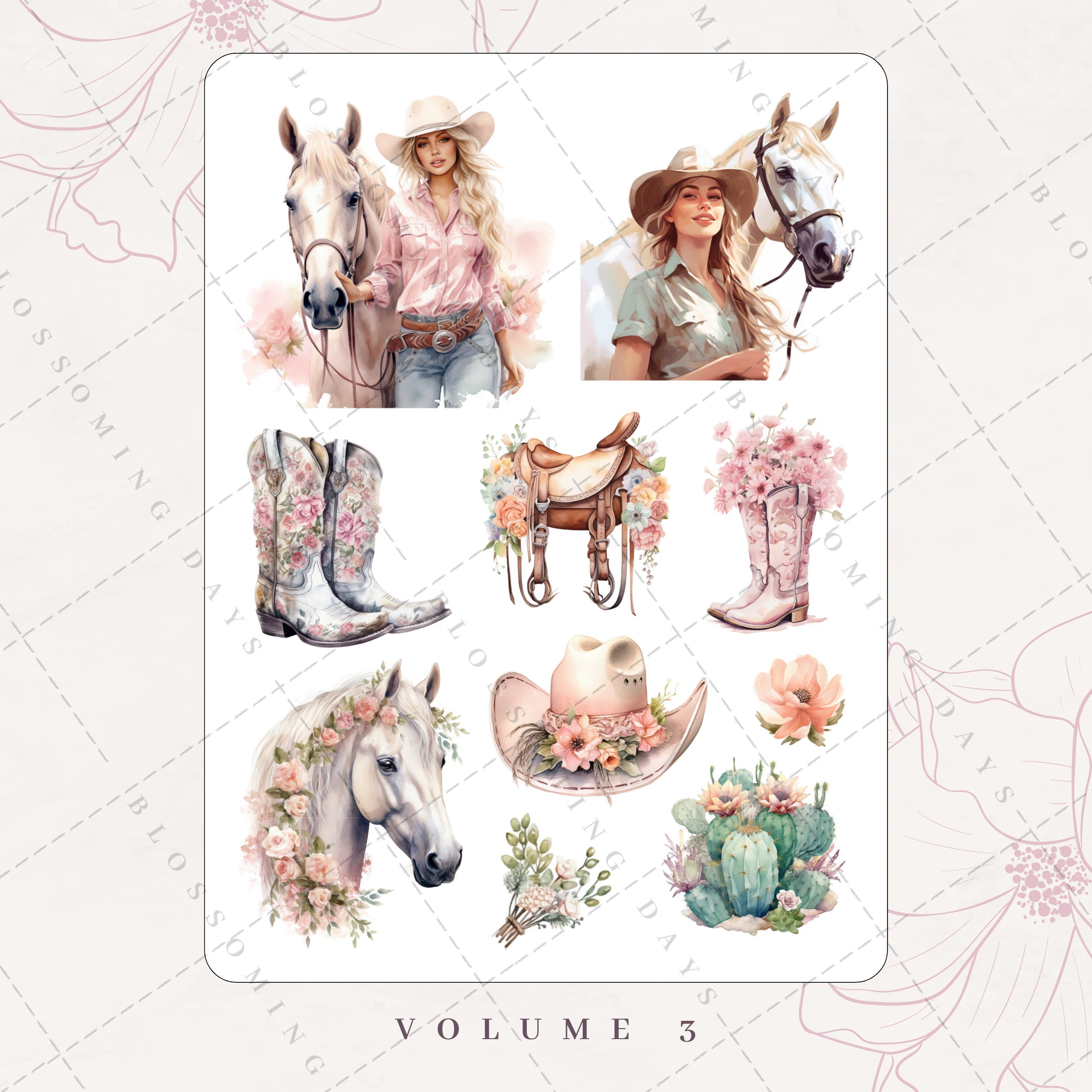 Shabby Chic Floral Cowboy Cowgirl Theme, Horse, Cactus, Fashion Boots ...