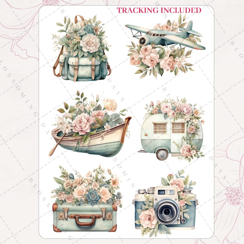Watercolor Shabby Chic Travel, Vintage Charm, Retro, Vacation, Floral ...